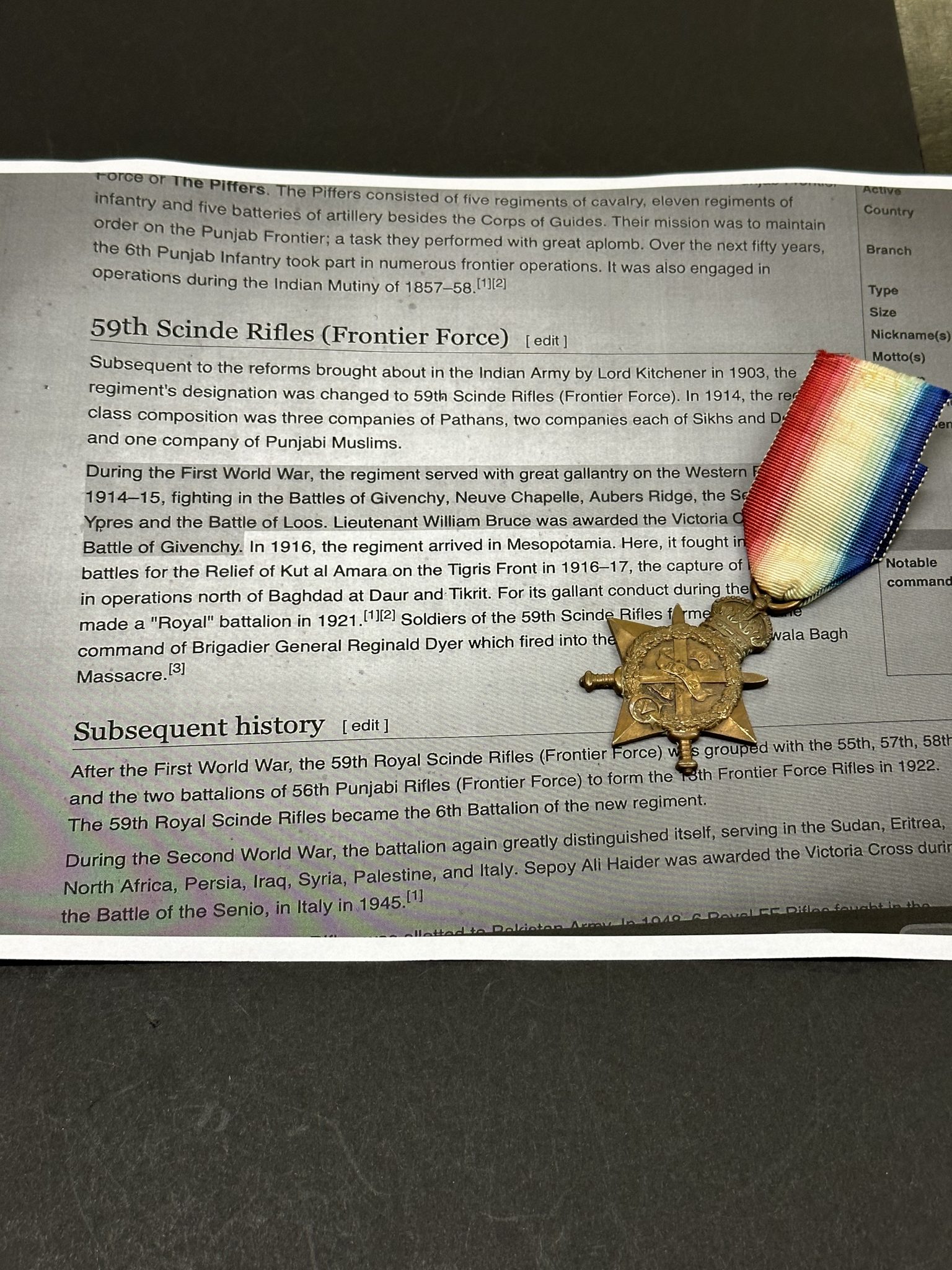 1914 Mons Star 59th Scinde Rifles - Bygones Shop